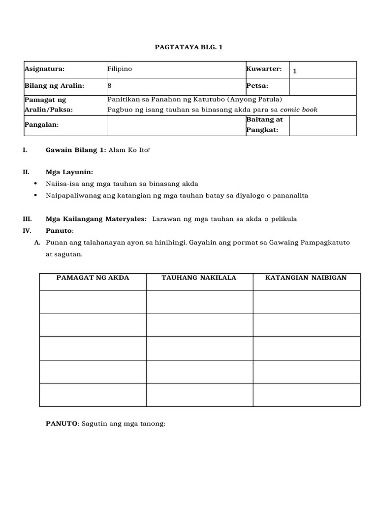 Mga Pagtataya - WEEK 8 (Fil7) | PDF