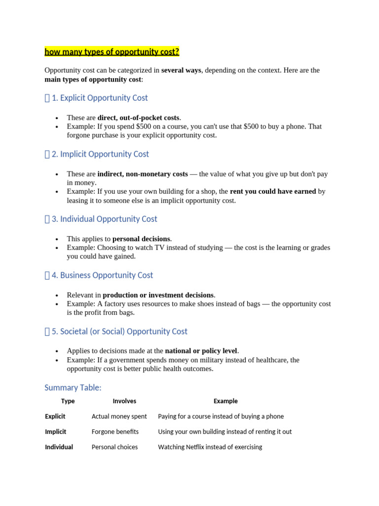 Types of Opportunity Cost Explained | PDF