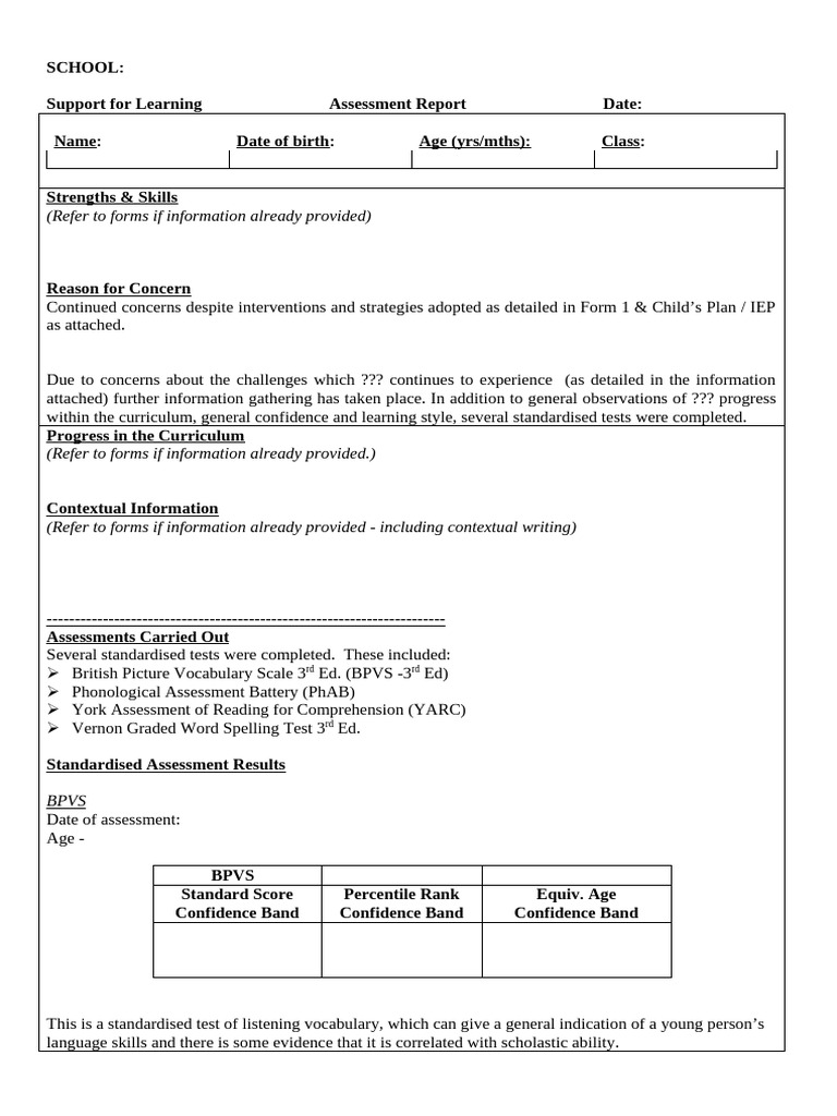 Dyslexia Assessment Report Template May 2014 | PDF | Dyslexia | Reading ...