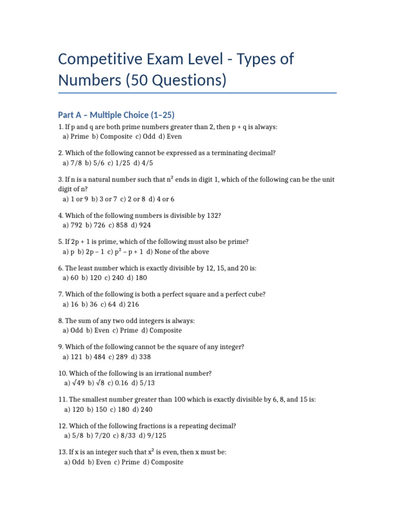 Competitive Exam: Number Types Quiz | PDF | Numbers | Prime Number