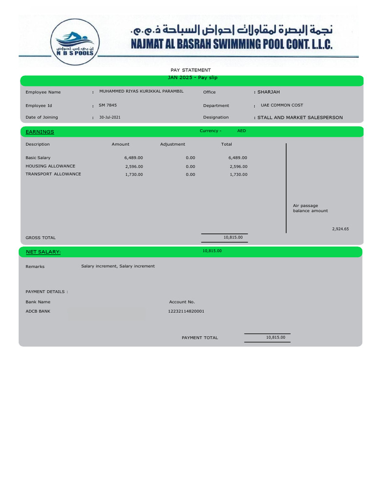 Pay Slip JAN | PDF