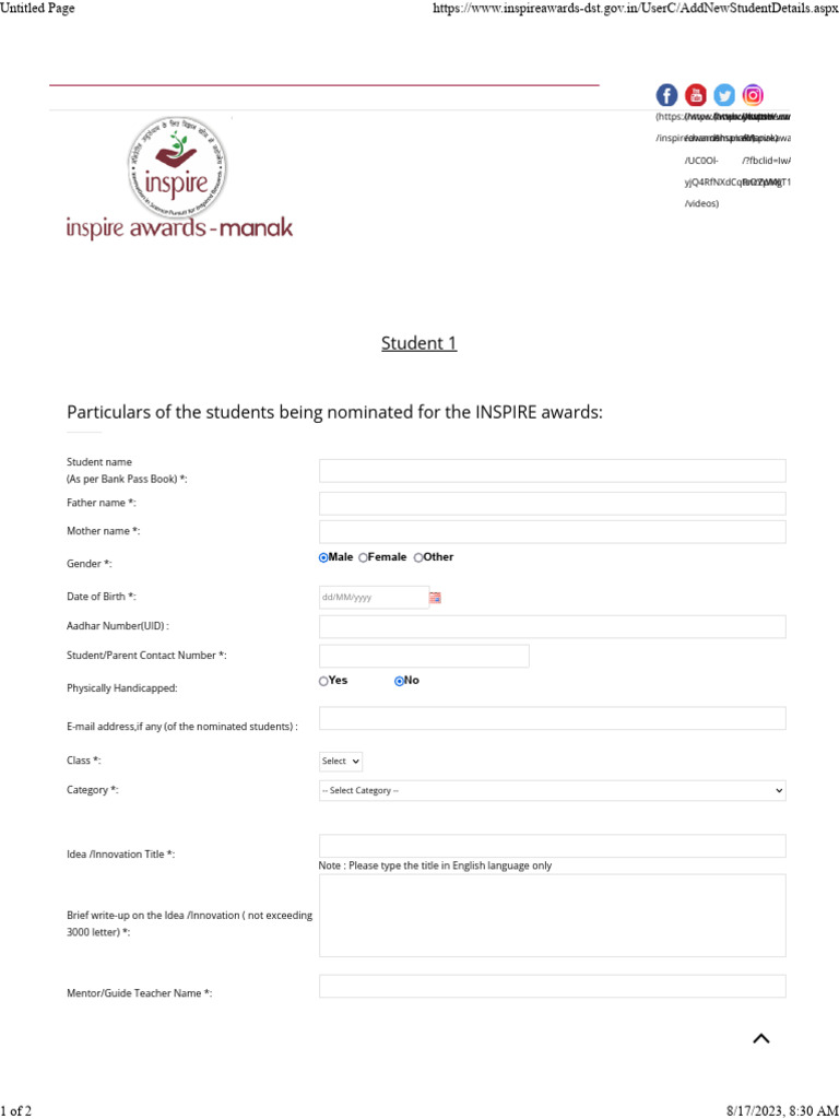 INSPIRE Awards Student Nomination Form | PDF