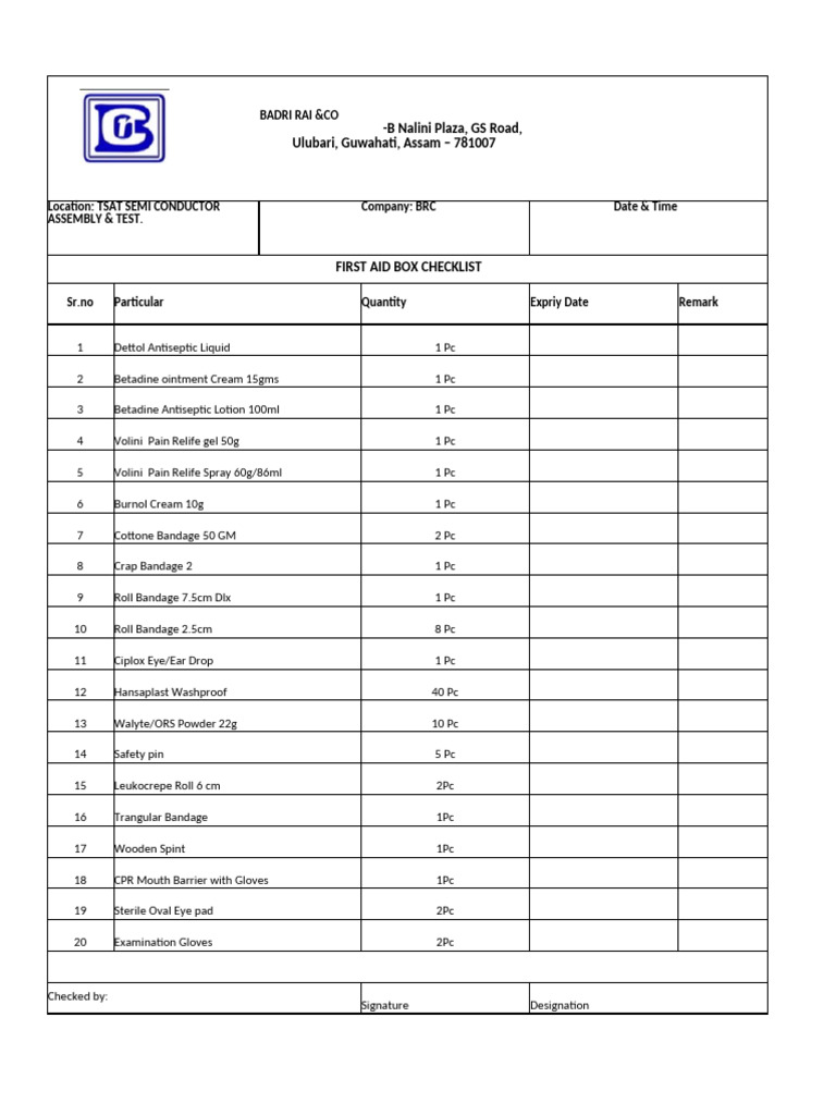 First Aid Box Inventory Checklist | PDF