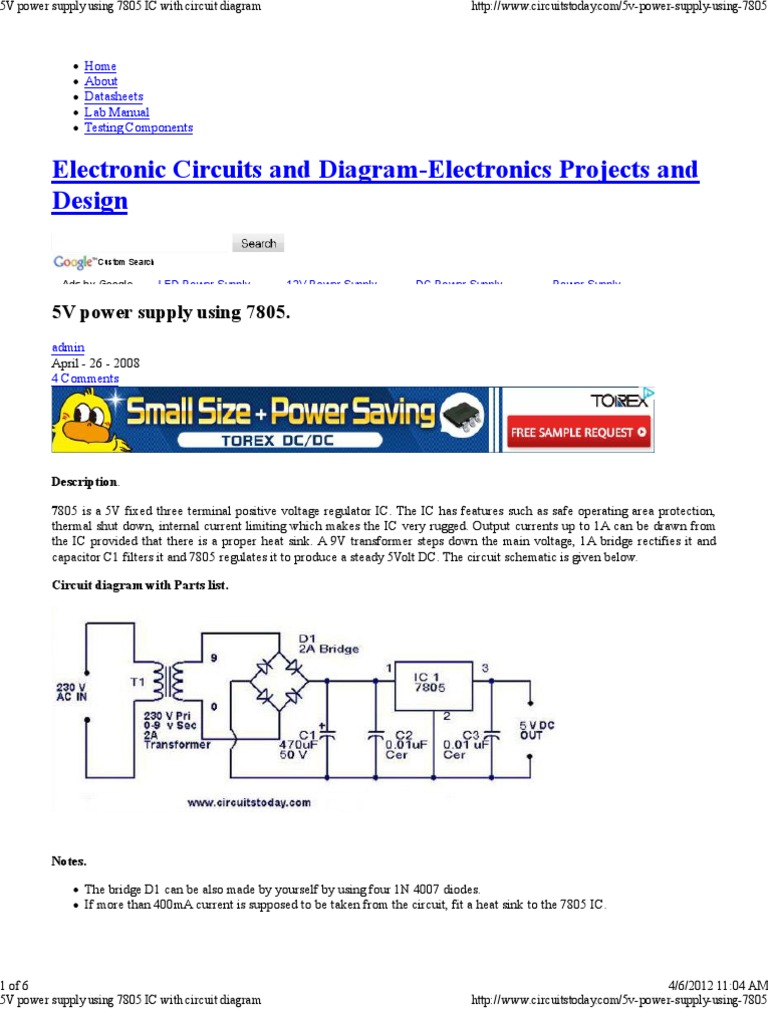 5V Power Supply Using 7805 IC With Circuit Diagram | PDF | Power Supply ...