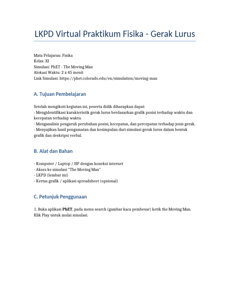 LKPD Virtual Praktikum Gerak Lurus | PDF