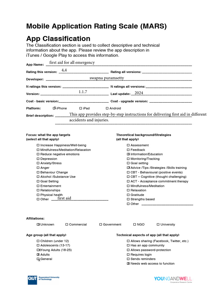 MARS Scale App Classification Young and Well CRC1 | PDF | Cognitive ...