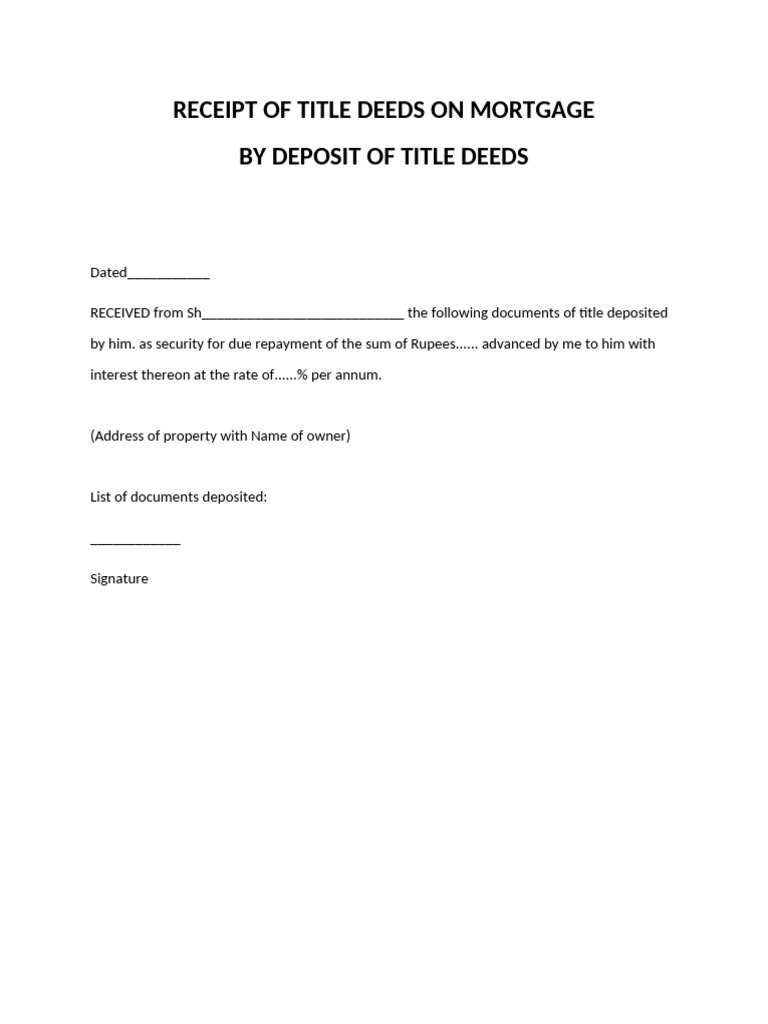 Receipt of Title Deeds On Mortgage by Deposit of Title Deeds | PDF