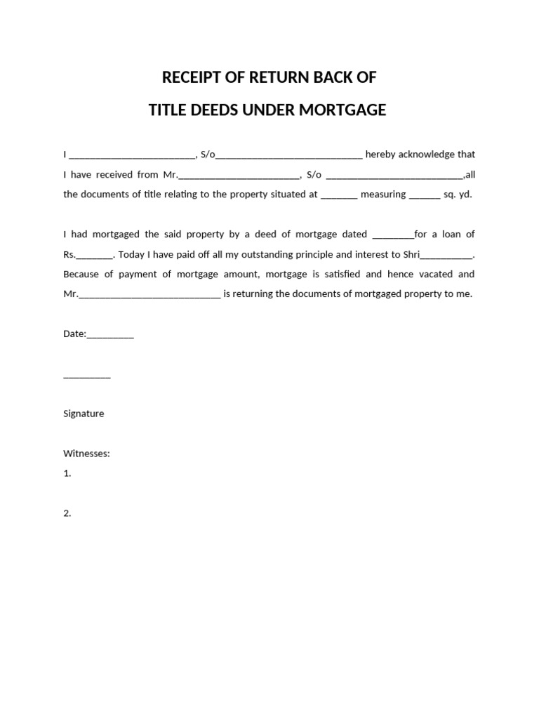 Receipt of Return Back of Title Deeds Under Mortgage | PDF