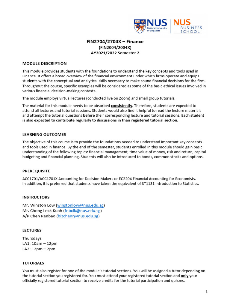 FIN2704 AY2021 - 2022 Sem 2 Module Outline | PDF | Academic Dishonesty ...
