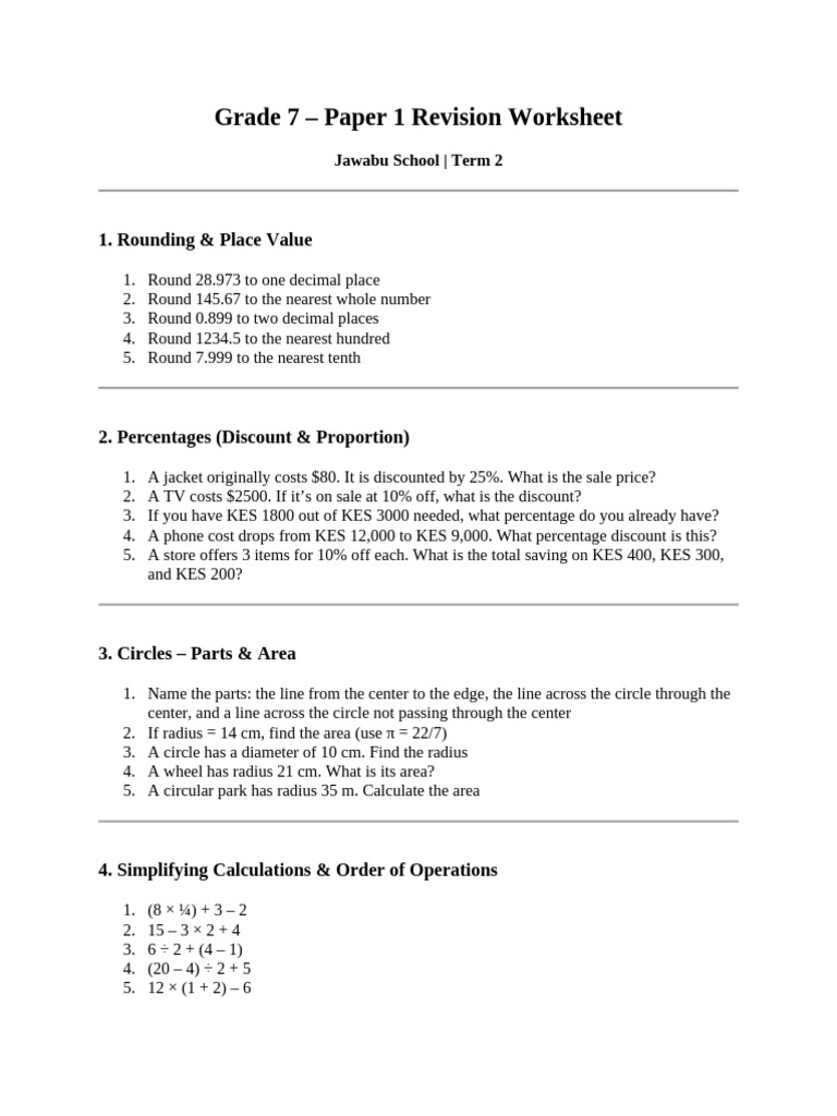 Grade 7 Revision Worksheet Guide | PDF | Triangle | Length