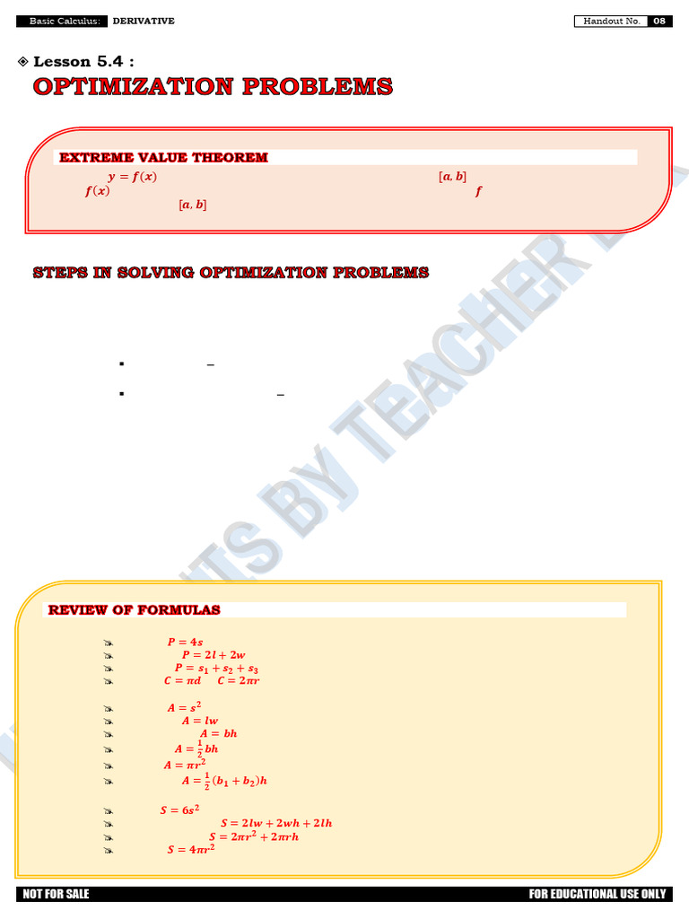 Handout 08 - CALCULUS 504 Optimization Problems | PDF | Area | Rectangle