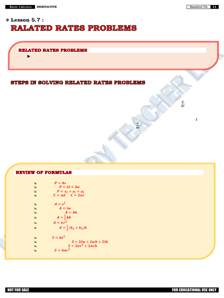 Handout 11 - CALCULUS 507 Related Rates Problems | PDF | Derivative | Area