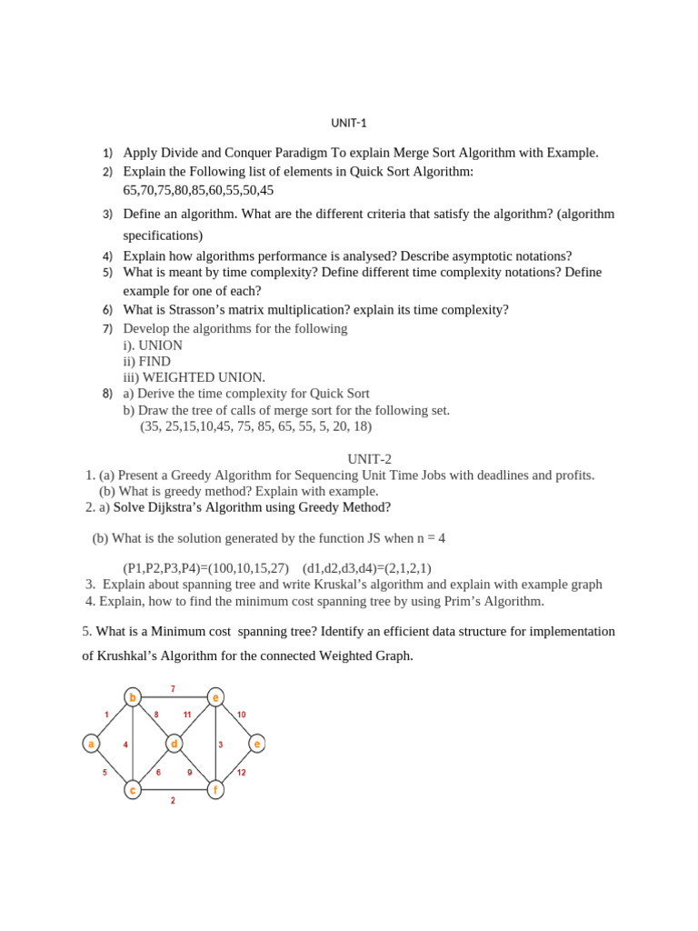 DAA Unit Wise Important Questions | PDF | Algorithms And Data Structures | Algorithms
