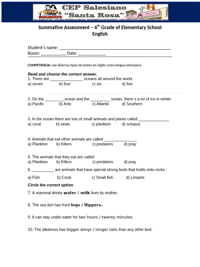 Summative Assessment - Reading - 6th Grade of Elementary School | PDF