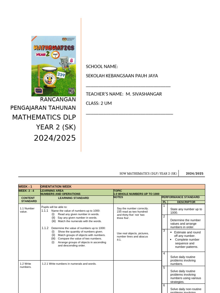 RPT MATH DLP YEAR 2 (SK) 2024-2025 By Rozayus Academy | PDF | Decimal | Multiplication