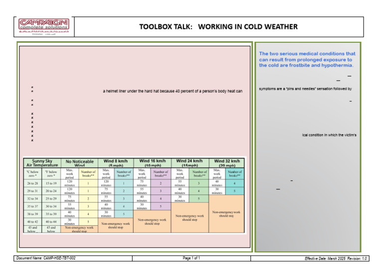 CAMP HSE TBT 047 Working in Cold Weather | PDF | Hypothermia | Drink
