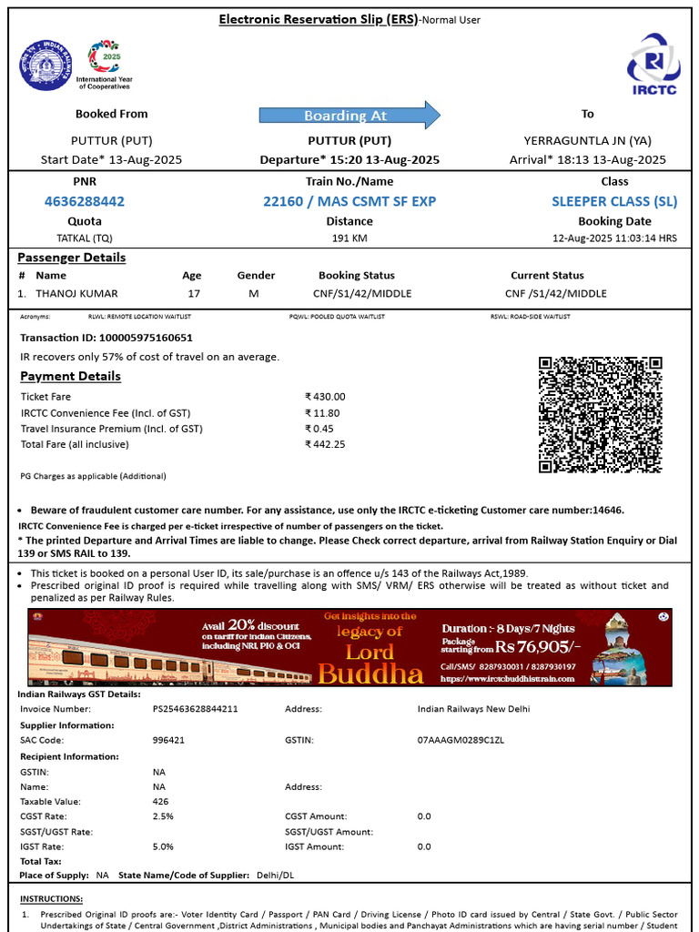 Mas CSMT SF Exp Sleeper Class (SL) | PDF | Identity Document | Payments