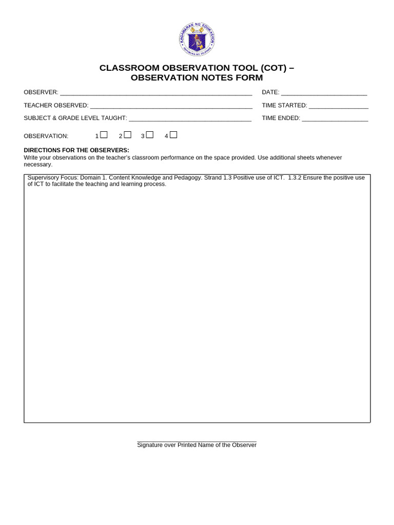 Classroom Observation Notes Form 2025 | PDF