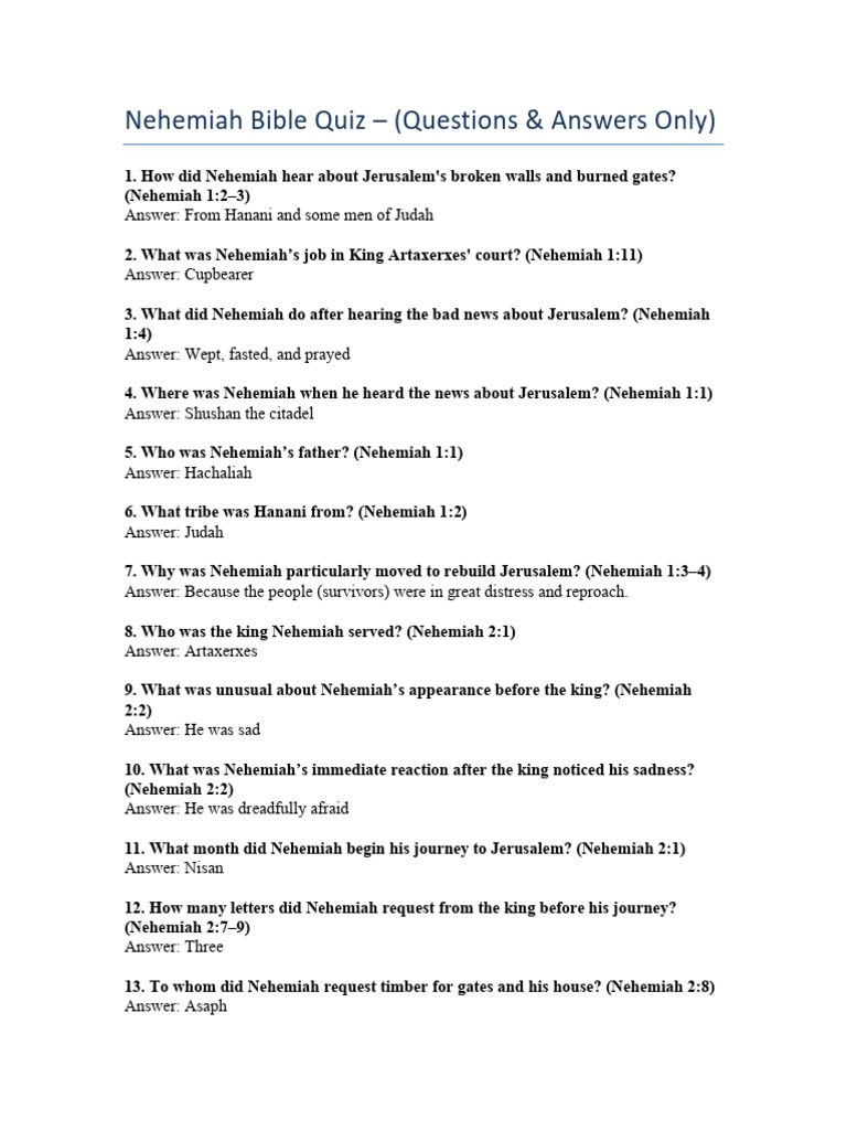 Nehemiah Bible Quiz: Questions & Answers | PDF | Torah | Old Testament ...