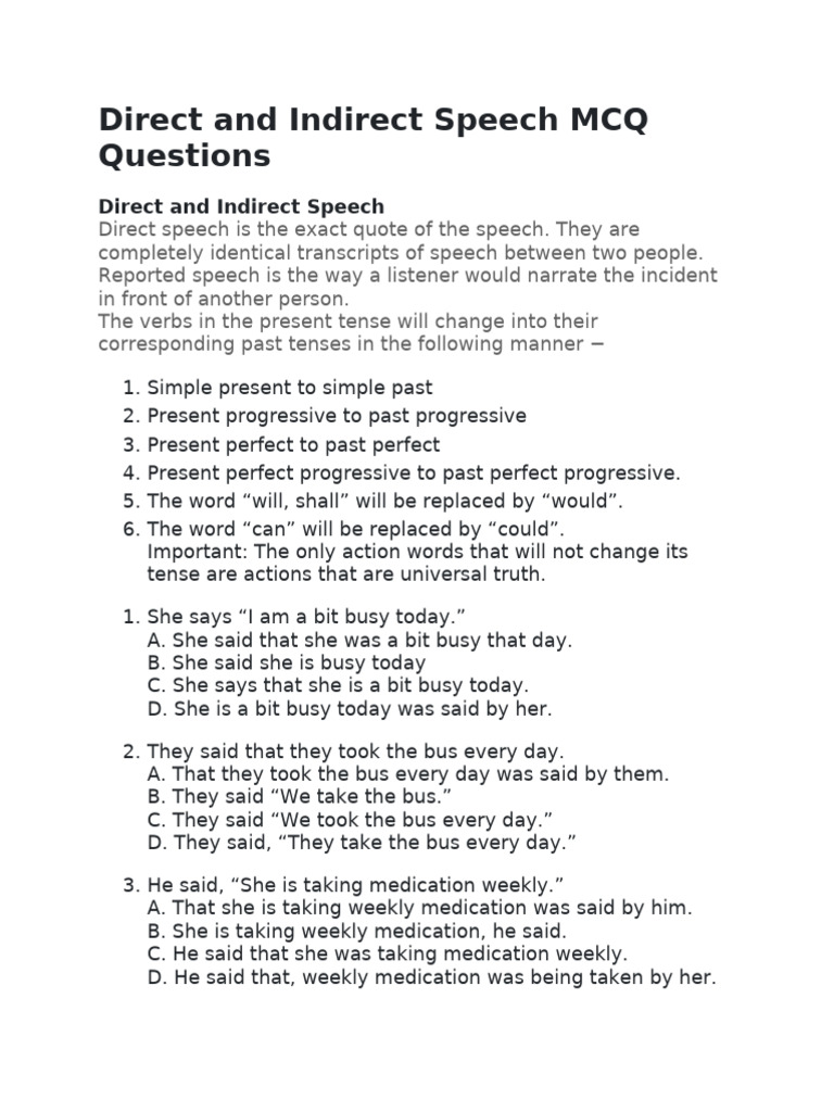 Direct and Indirect Speech MCQ Questions | PDF | Semantics | Syntax