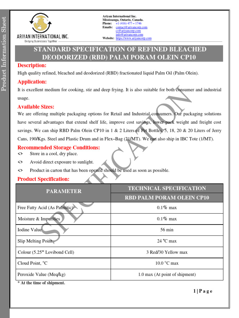 Standard Specification of CP10 | PDF | Fat | Nutrition Facts Label