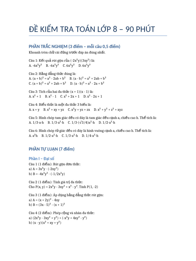 De Kiem Tra Toan Lop 8 90 Phut | PDF