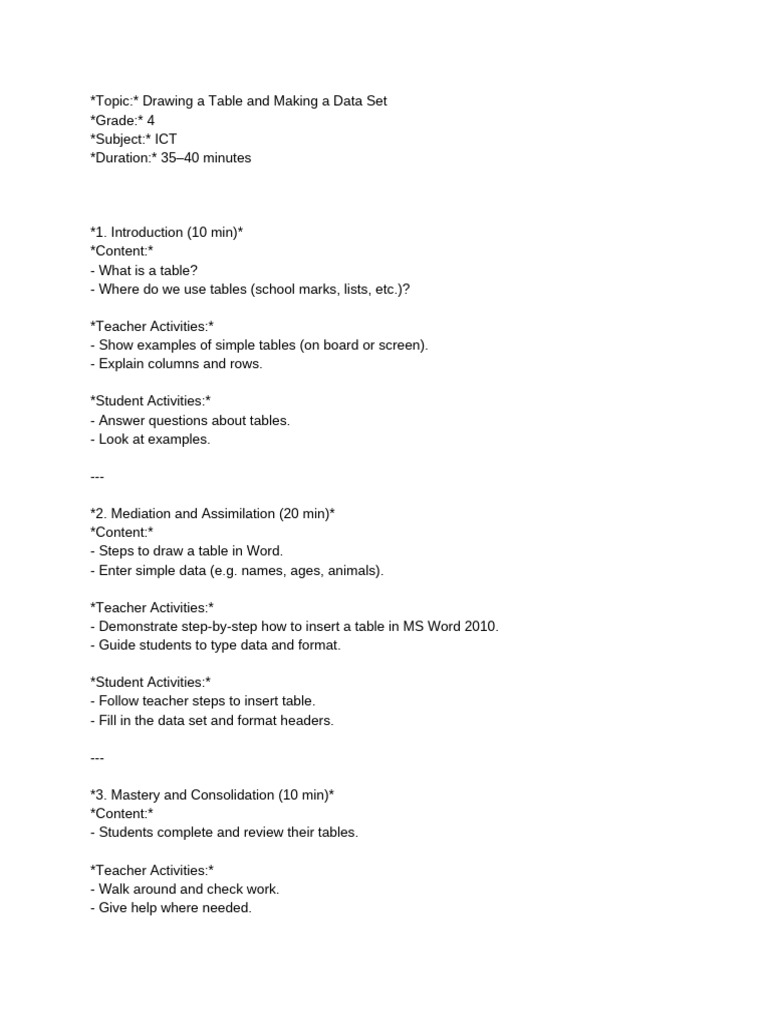 Topic - Drawing A Table and Making A Data Set | PDF