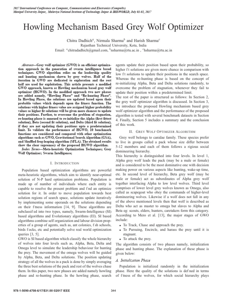 Howling Mechanism Based Grey Wolf Optimizer | PDF | Computing ...