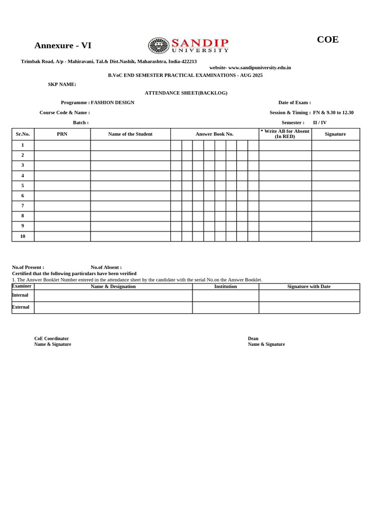 Attendace and Mark Entry Sheet For ESE Practical - Backlog | PDF