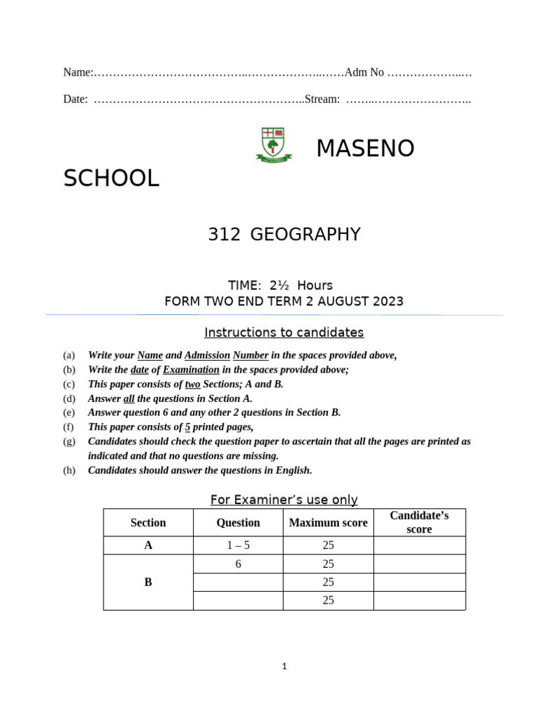 Kenya High Form 3 Geography End Term 2 Exam 2025 | PDF | Savanna ...
