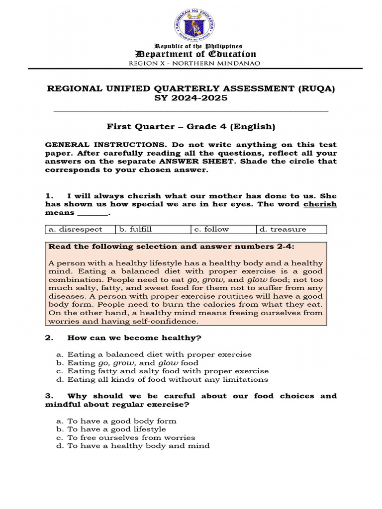 Grade 4 English Q1 Assessment - Test Paper (2) | PDF | Narration | Diet ...