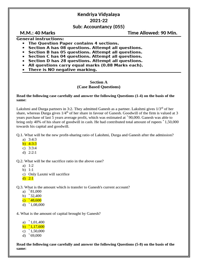 Accountancy Pre-Term QP | PDF | Revenue | Fixed Asset