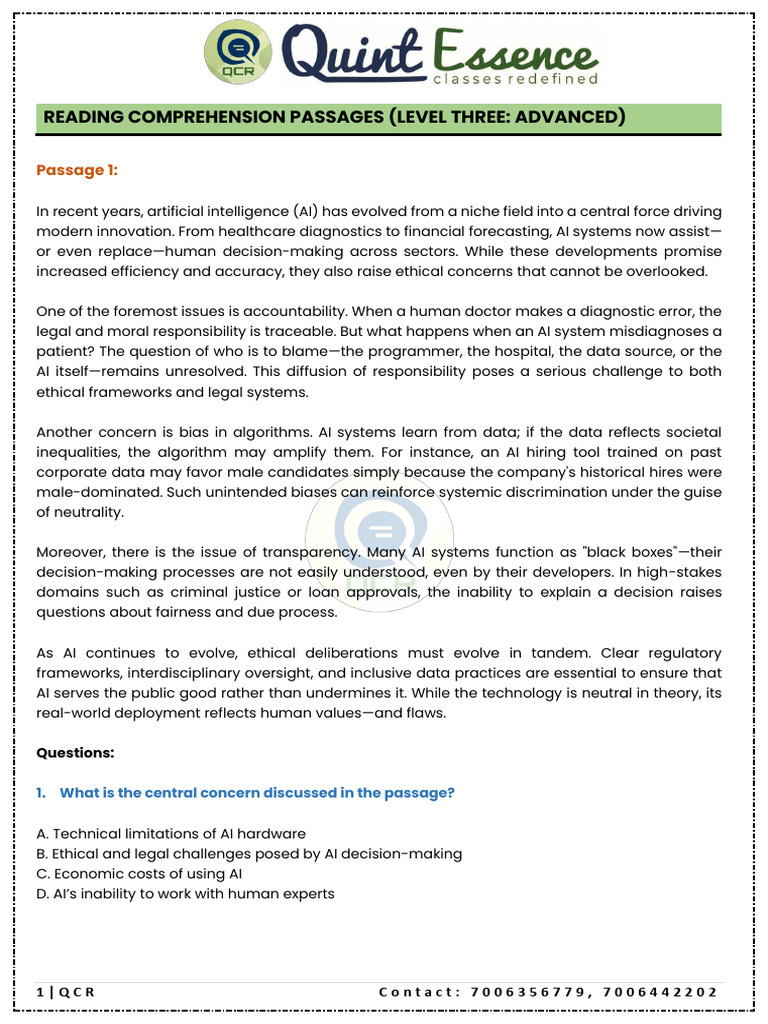 Reading Comprehension Passages (Level Three - Advanced) | PDF ...