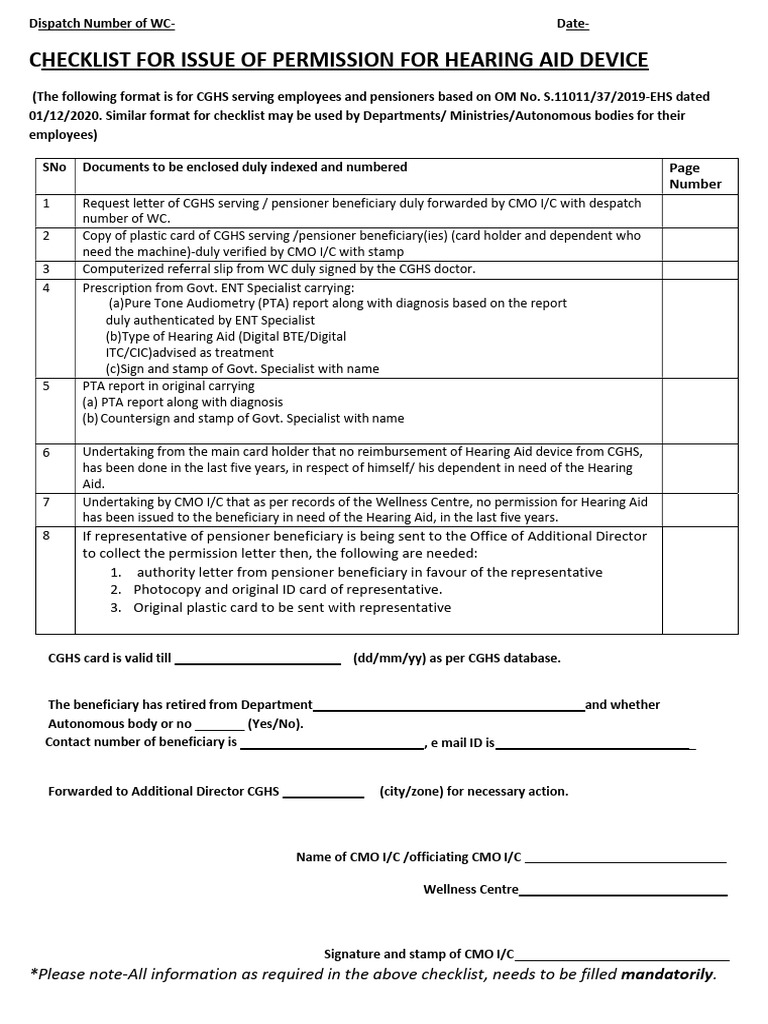 Checklist For Permission For Hearing Aid Device1 | PDF | Applications ...