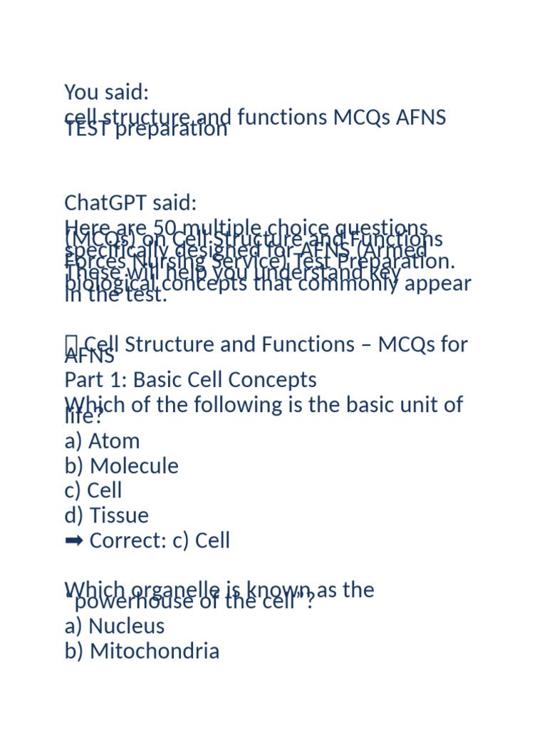 AFNS Cell Structure MCQs for Test Prep | PDF | Cell (Biology) | Cytoplasm