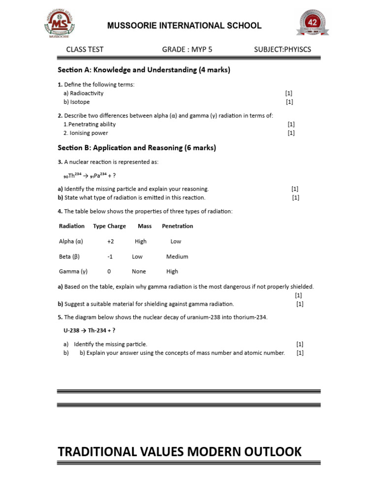 MYP 5 Physics Class Test on Radioactivity | PDF
