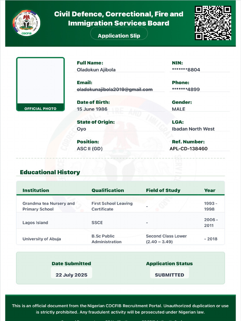 Oladokun Akinola Ajibola Application Slip | PDF