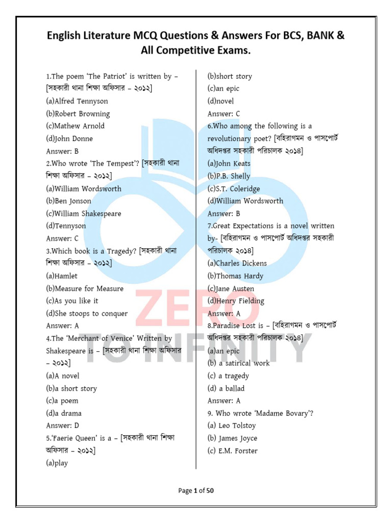 English Literature MCQs for Exams | PDF | Poetry | English Literature