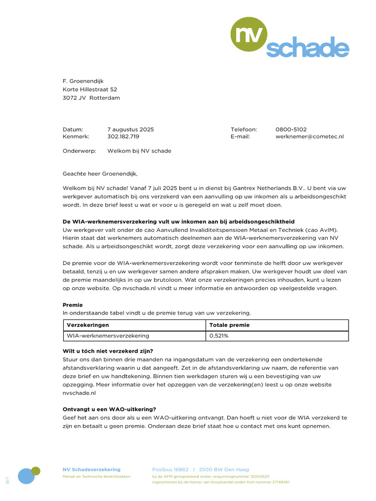 NV Schadeverzekering Postbus 16862 I 2500 BW Den Haag | PDF