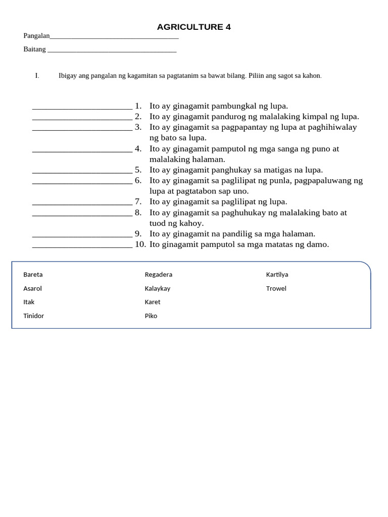 Kagamitan Sa Pagtatanim Worksheet | PDF