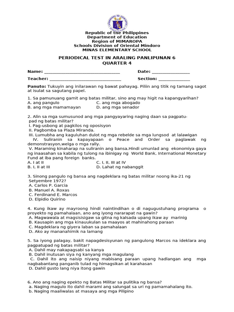 AP 6 Quarter 4 EXAM | PDF