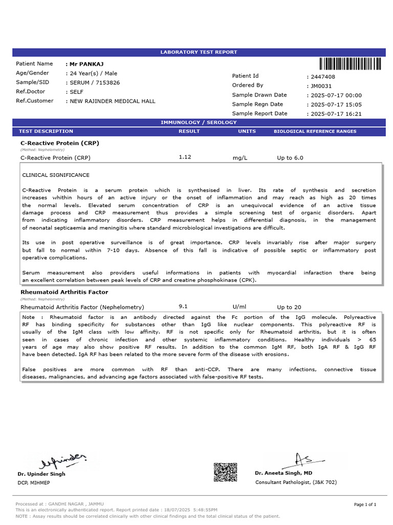 MR Pankaj Report | PDF | C Reactive Protein | Human Diseases And Disorders