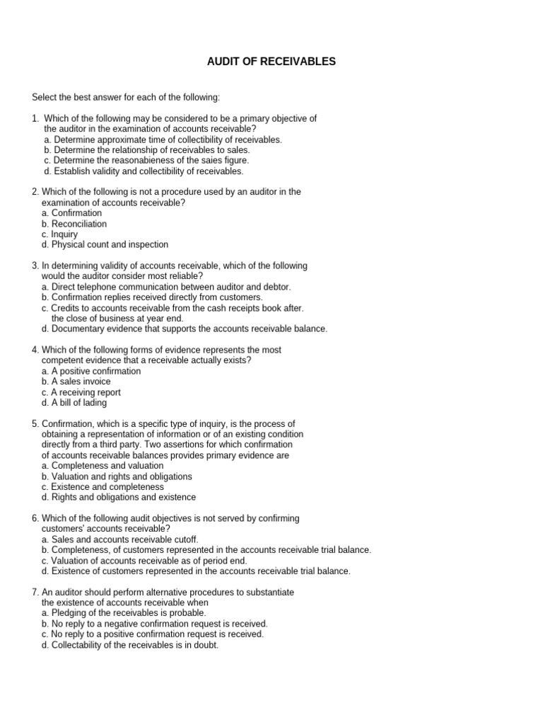 Accounts Receivable Audit Questions | PDF | Bad Debt | Debits And Credits