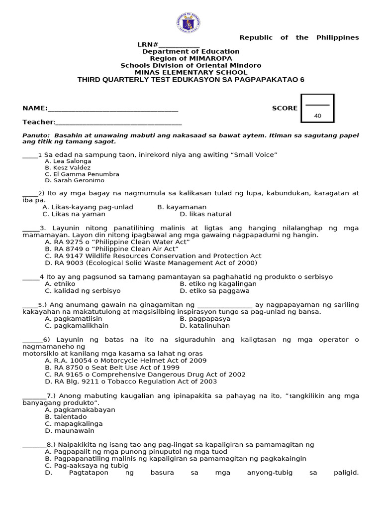 ESP 6 Quarter 3 EXAM | PDF
