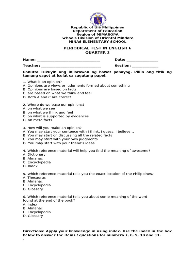 English 6 Periodical Test: Quarter 3 | PDF | Narration