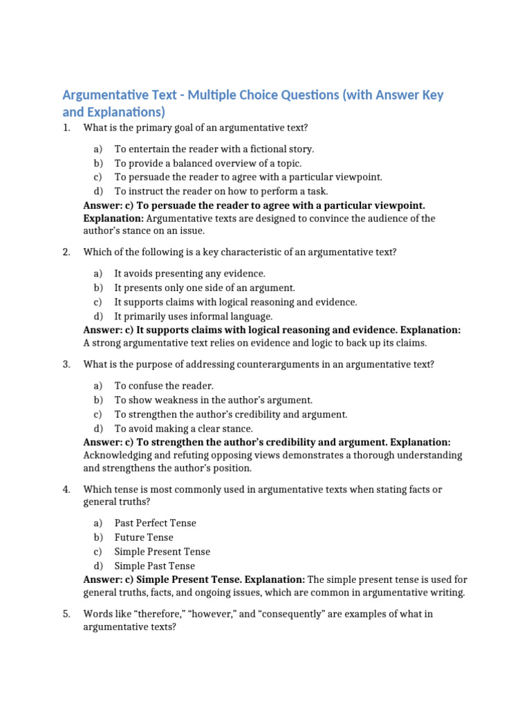 Argumentative Text MCQs with Answers | PDF | Essays | Argument