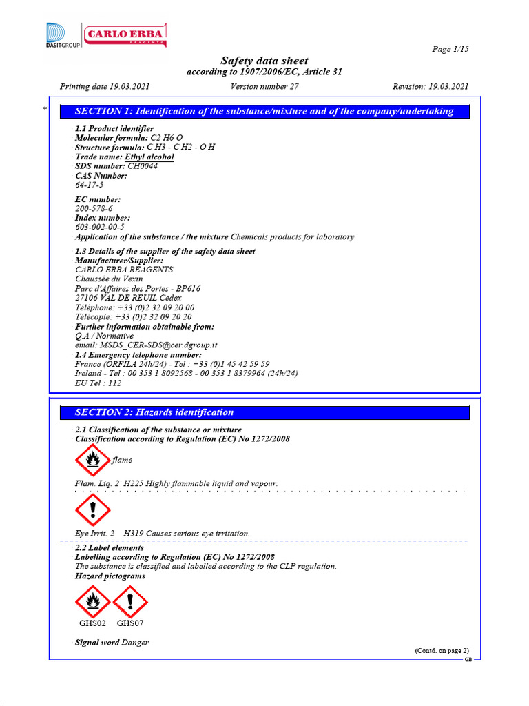 Ethyl Alcohol Safety Data Sheet | PDF | Dangerous Goods | Occupational ...