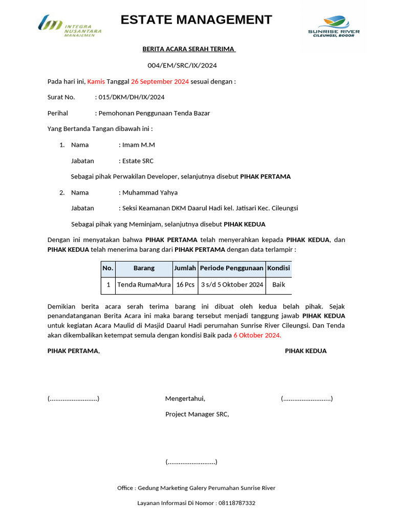 Serah Terima Tenda Ke RDKM Maulid | PDF