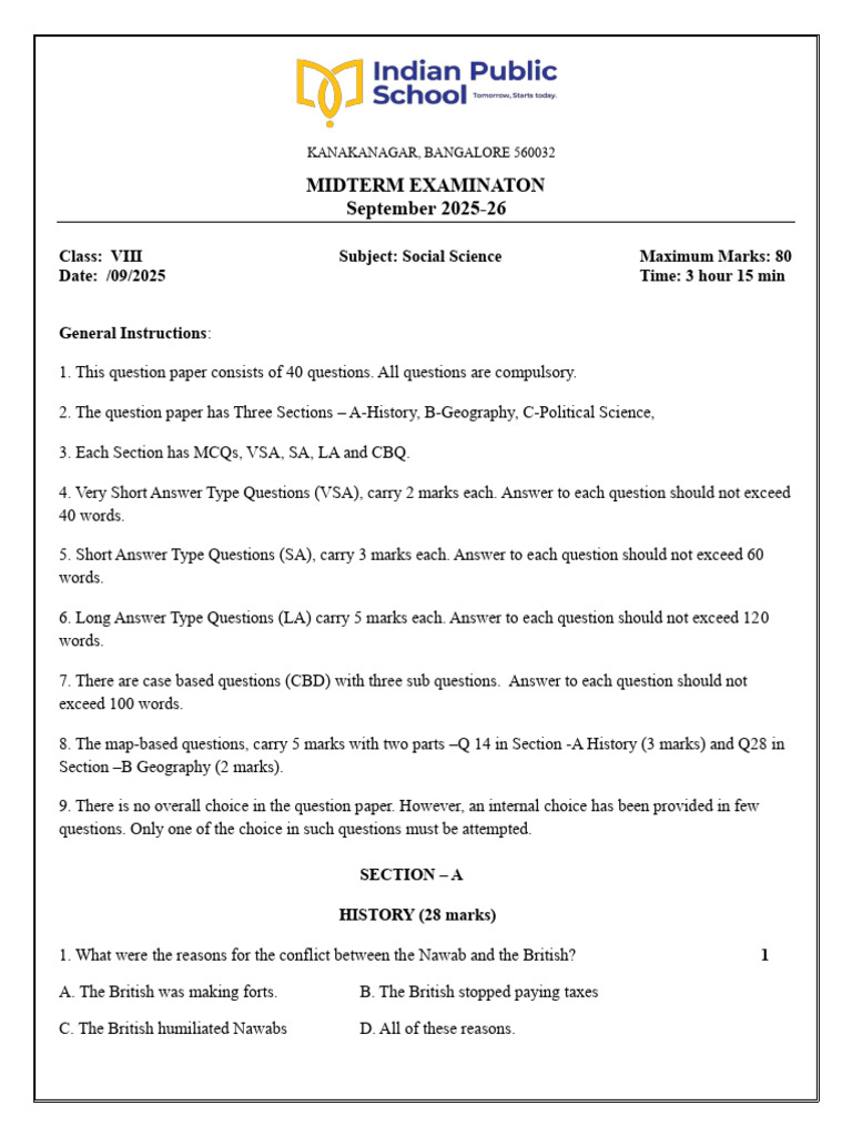 Class 8 Social Science Midterm MCQs | PDF | Agriculture | Sustainable ...