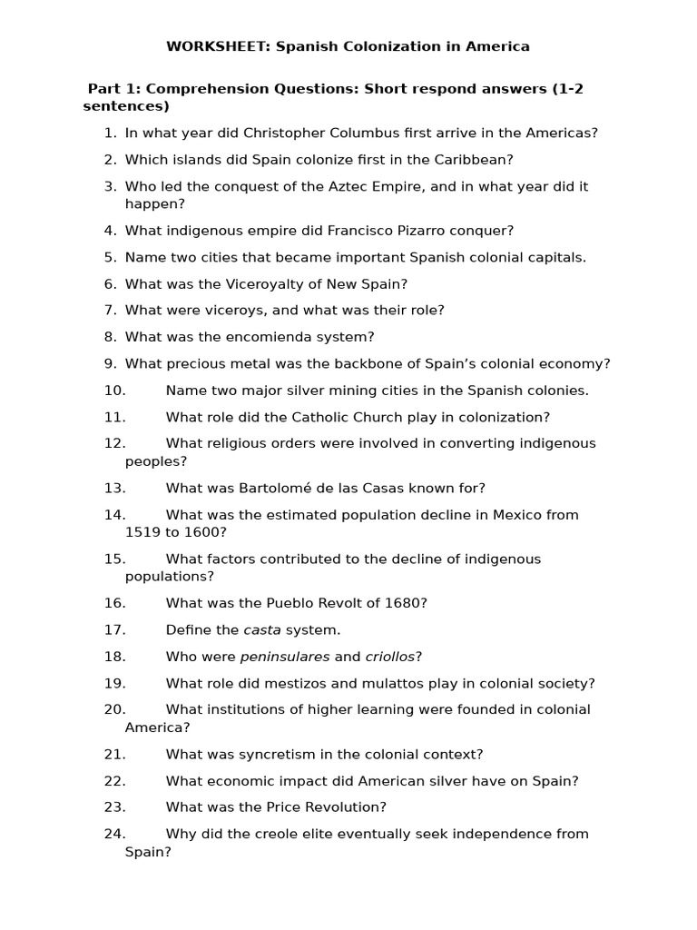 Worksheet The Spanish Colonization | PDF | Spanish Colonization Of The ...